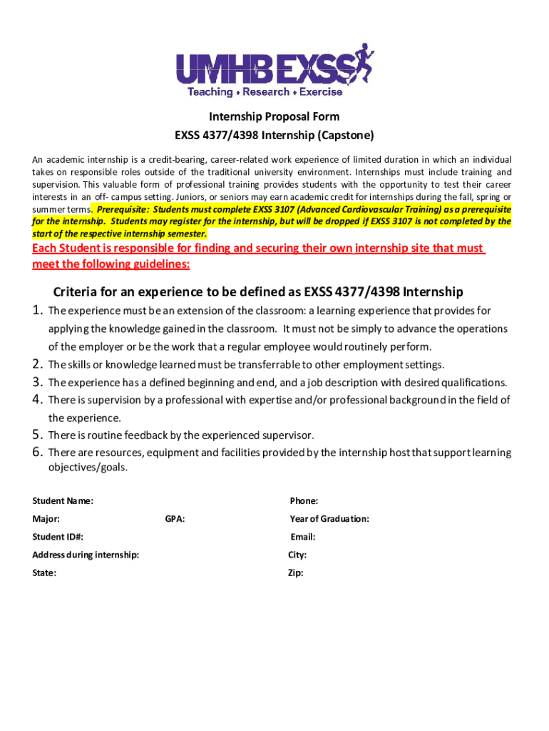 Fillable Online Internship Proposal Form EXSS 4377/4398 ... Fax Email ...