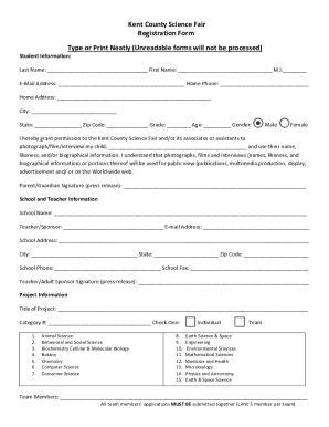Fillable Online Kent County Science Fair Registration Form Type or ...