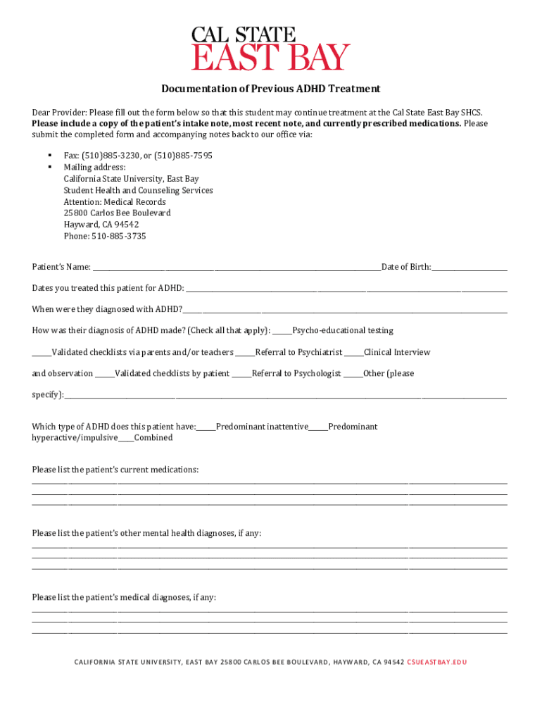 Fillable Online Documentation of Previous ADHD Treatment - Letterhead ...