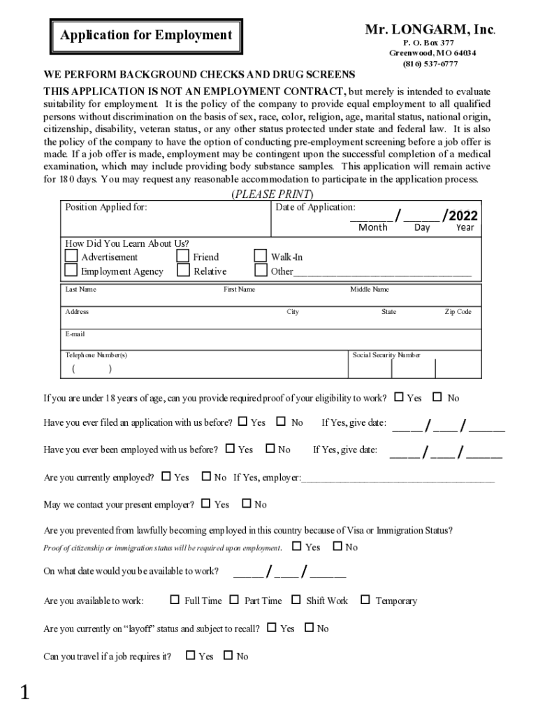 Fillable Online Mr. LongArm On-line Job Application Form Fax Email ...