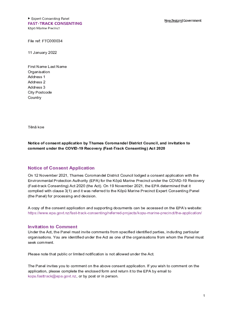 Fillable Online Notice of consent application by Thames Coromandel ...