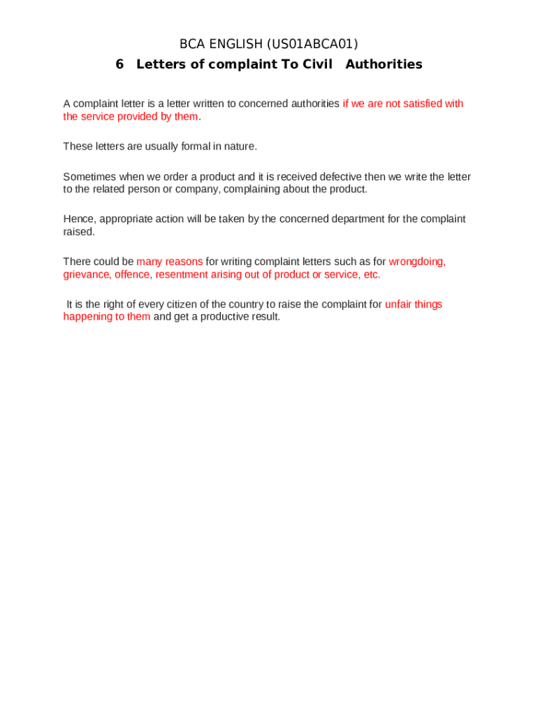 Topic 6 BCA Complaint Letters Doc Template | pdfFiller