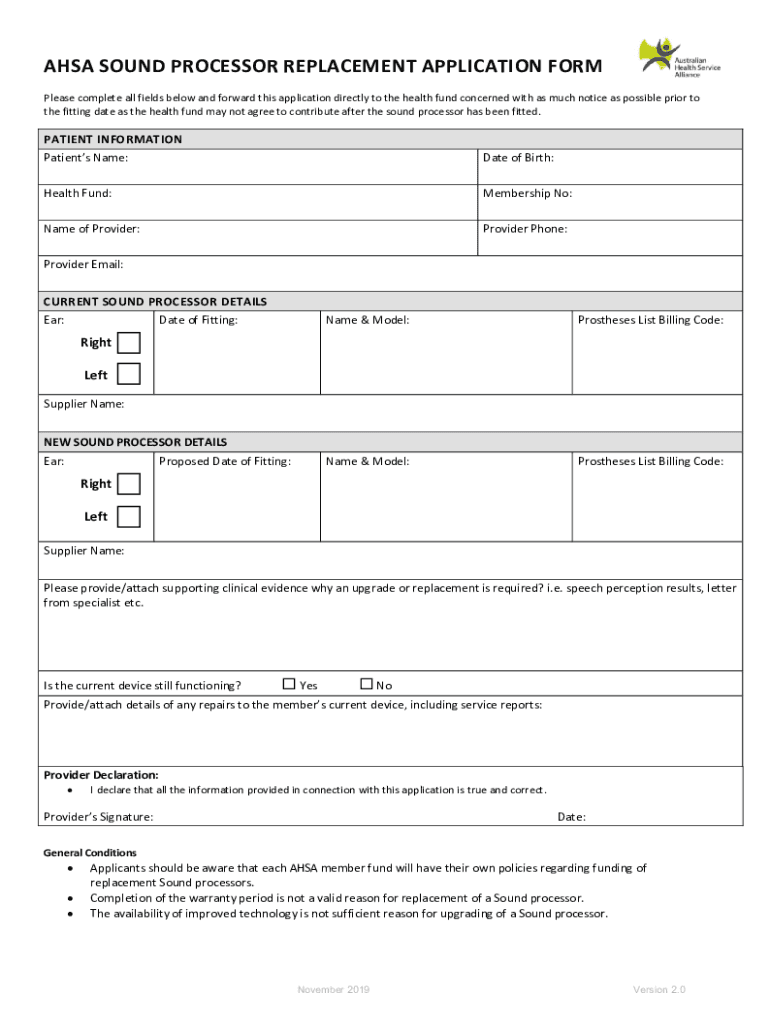 Fillable Online AHSA SOUND PROCESSOR REPLACEMENT APPLICATION FORM Fax Email Print - pdfFiller