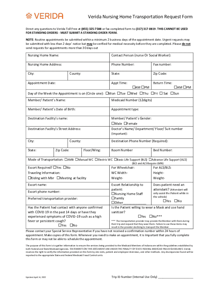 Fillable Online Verida Nursing Home Transportation Request Form Fax ...