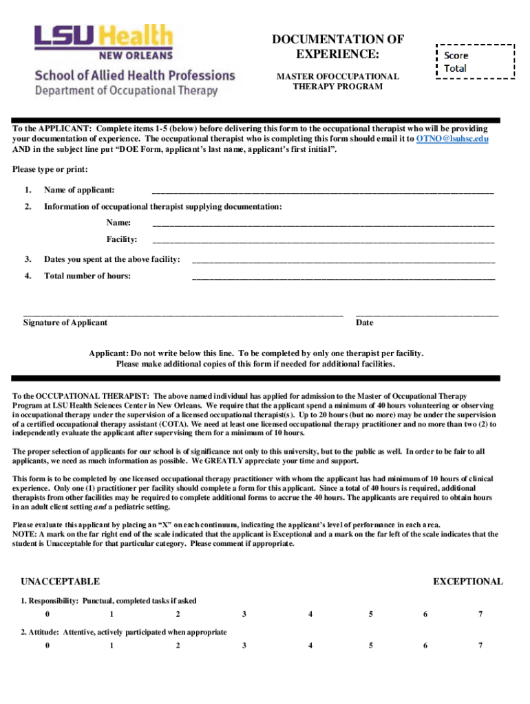 Fillable Online alliedhealth lsuhsc Master of Occupational Therapy Admission Guidelines Fax ...