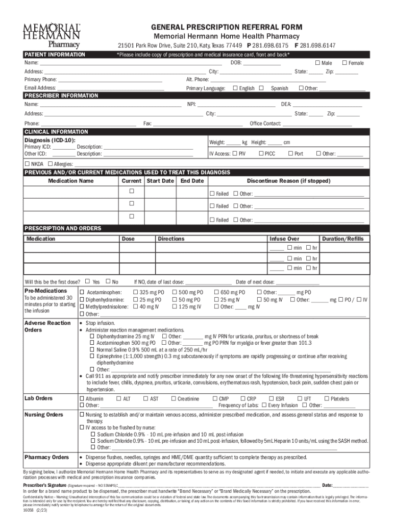 Fillable Online GENERAL PRESCRIPTION REFERRAL FORM Memorial Hermann ...