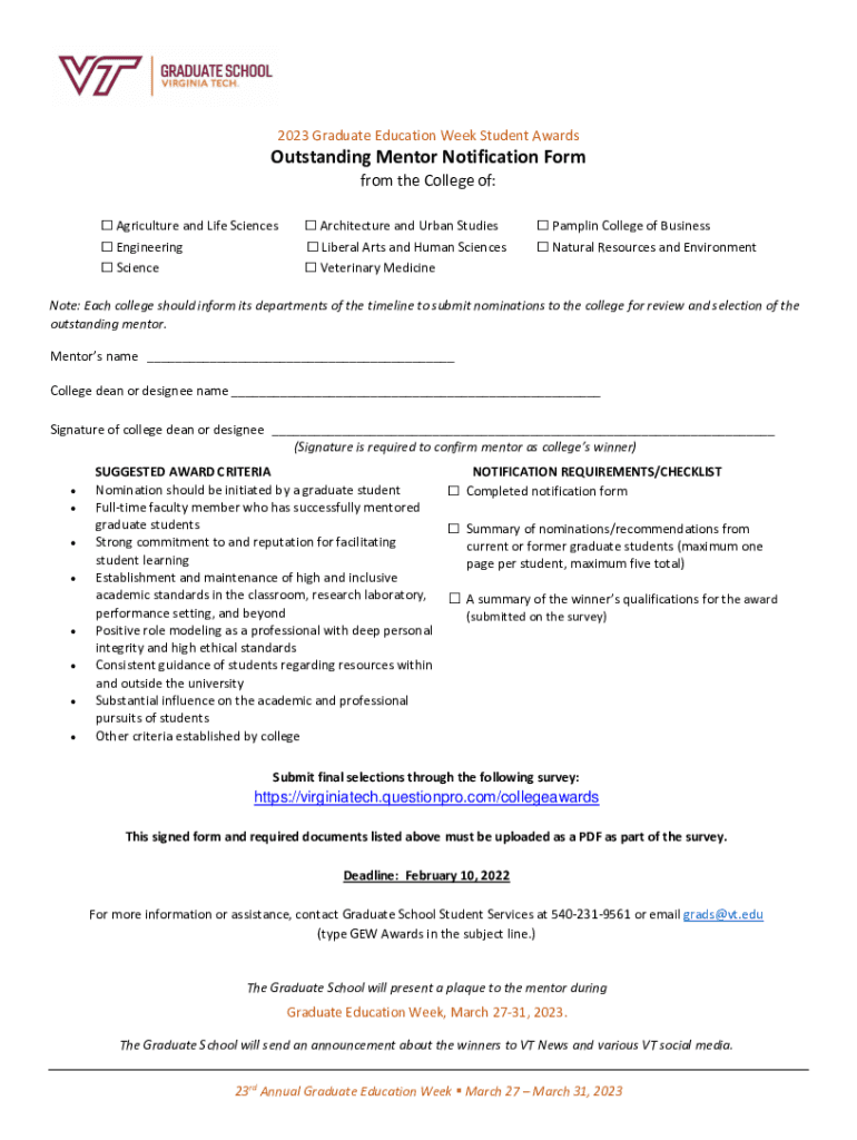 Fillable Online graduateschool vt Outstanding Mentor Notification Form ...