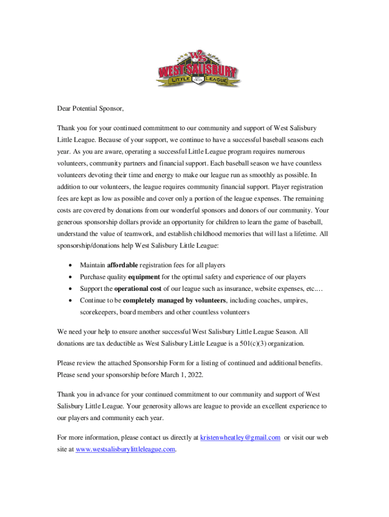 Fillable Online Dear Potential Sponsor, Thank you for your continued ...