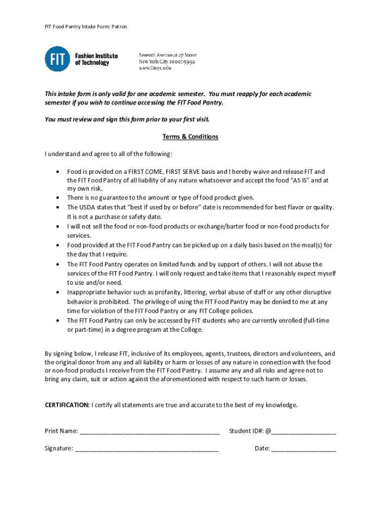 Fillable Online FIT Food Pantry Intake Form Fax Email Print - pdfFiller