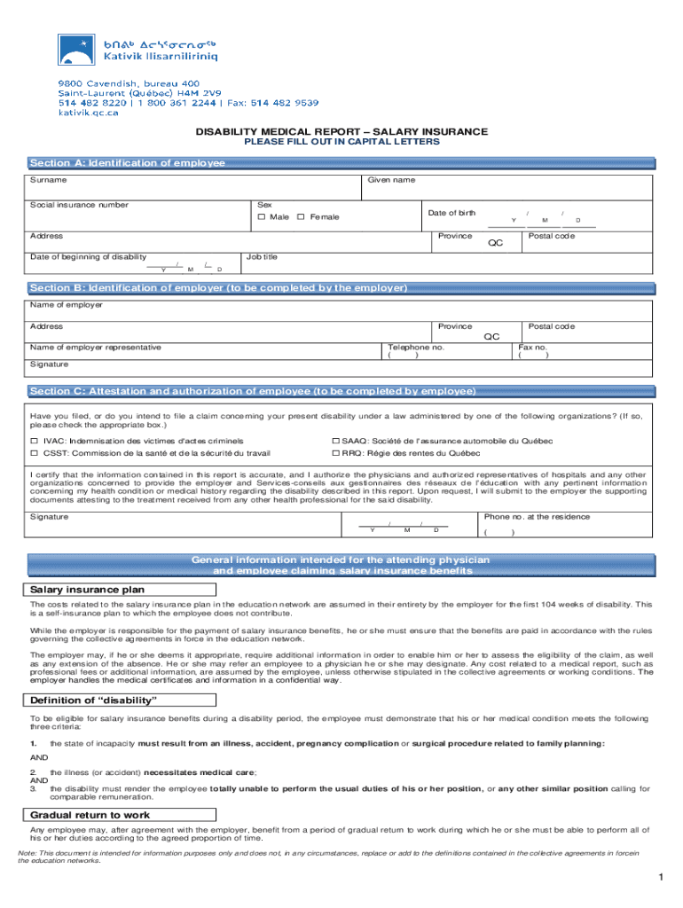 Fillable Online Disability Medical Report - Salary Insurance Fax Email ...