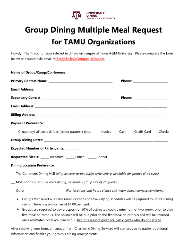 Fillable Online Group Dining Multiple Meal Request Fax Email Print - pdfFiller