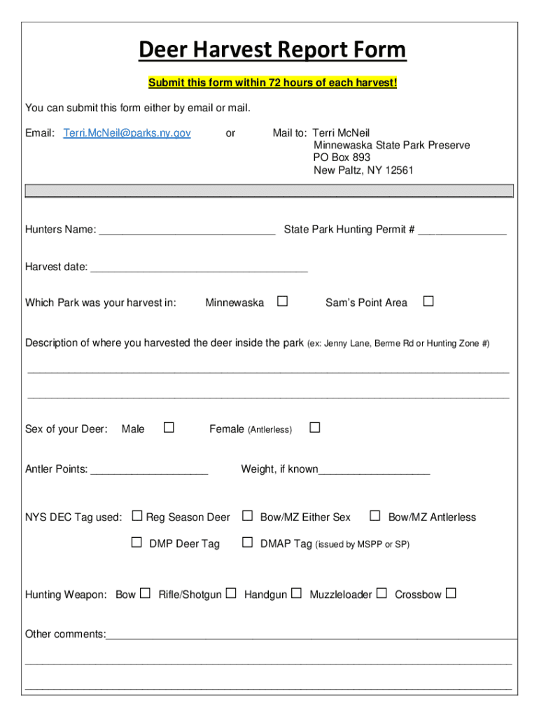 Fillable Online parks ny Deer Harvest Report Form Fax Email Print ...