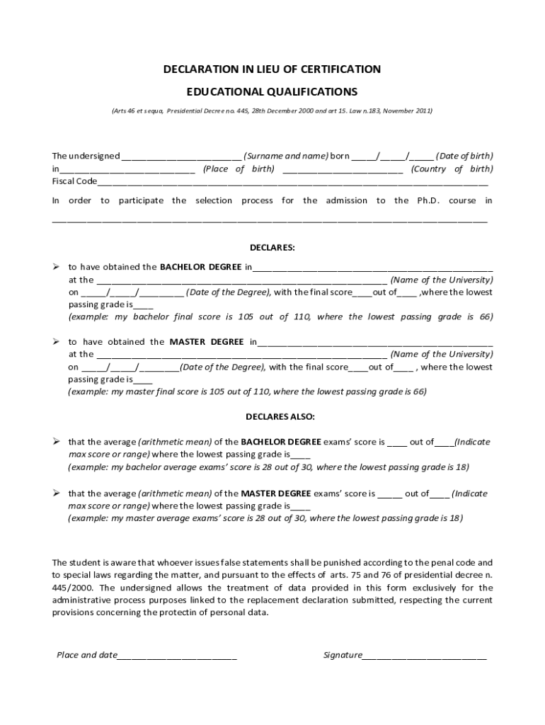 Fillable Online SELF-CERTIFICATION (Art. 46 Italian Presidential Decree ...