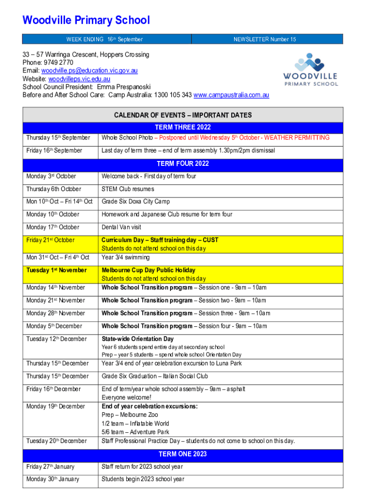 Fillable Online Newsletter 15: 16th September - Woodville Primary ...