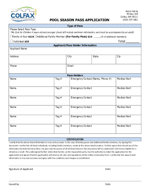 Fillable Online POOL SEASON PASS APPLICATION Total: Fax Email Print ...