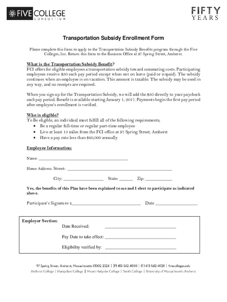 Fillable Online Transportation Subsidy Enrollment Form Fax Email Print ...