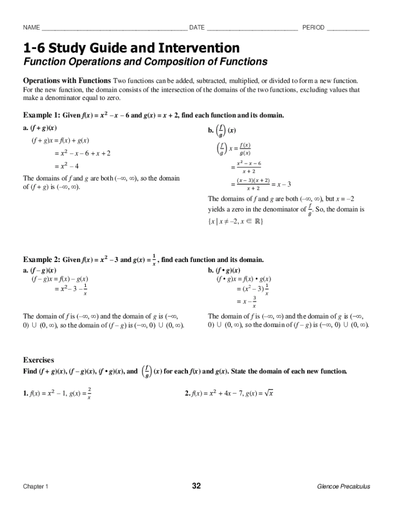 Fillable Online 1-6 Study Guide and Intervention - Function Operations ...