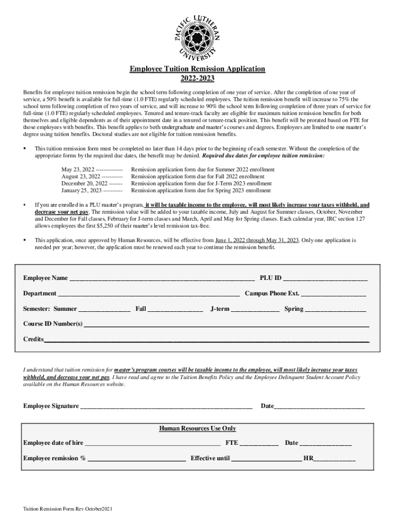Fillable Online Employee Tuition Remission Application 2022-2023 Fax ...