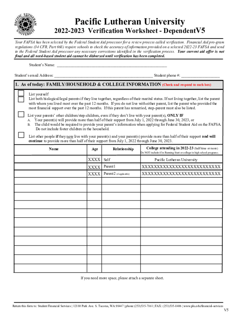 Fillable Online 2022-2023 Verification Worksheet - DependentV5 Fax Email Print - pdfFiller