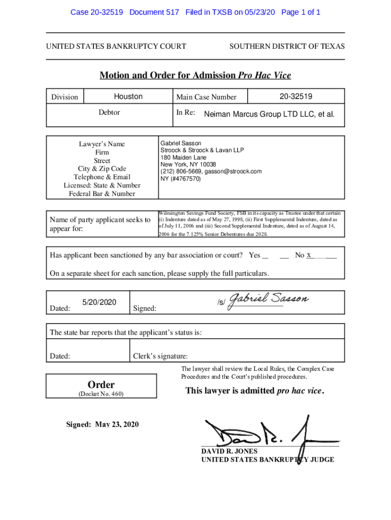 Fillable Online Motion And Order For Admission Pro Hac Vice (Adversary ...