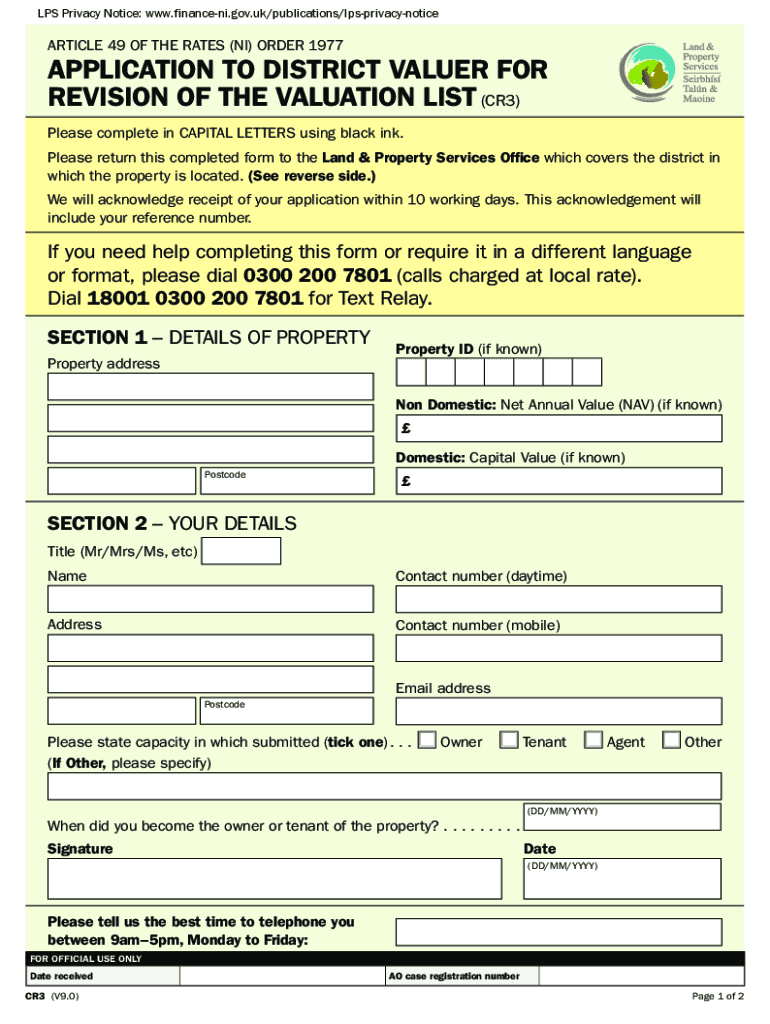 Fillable Online APPLICATION TO DISTRICT VALUER FOR REVISION OF ... Fax ...