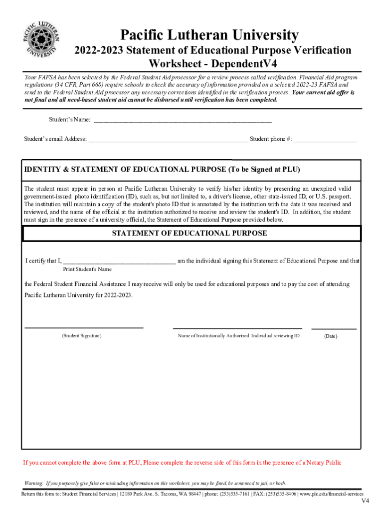 Fillable Online 2022-2023 Statement of Educational Purpose Verification Fax Email Print - pdfFiller