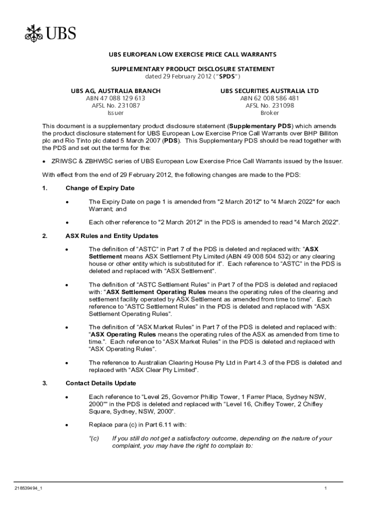 Fillable Online (PDF) UBS EUROPEAN LOW EXERCISE PRICE CALL WARRANTS ... Fax Email Print - pdfFiller