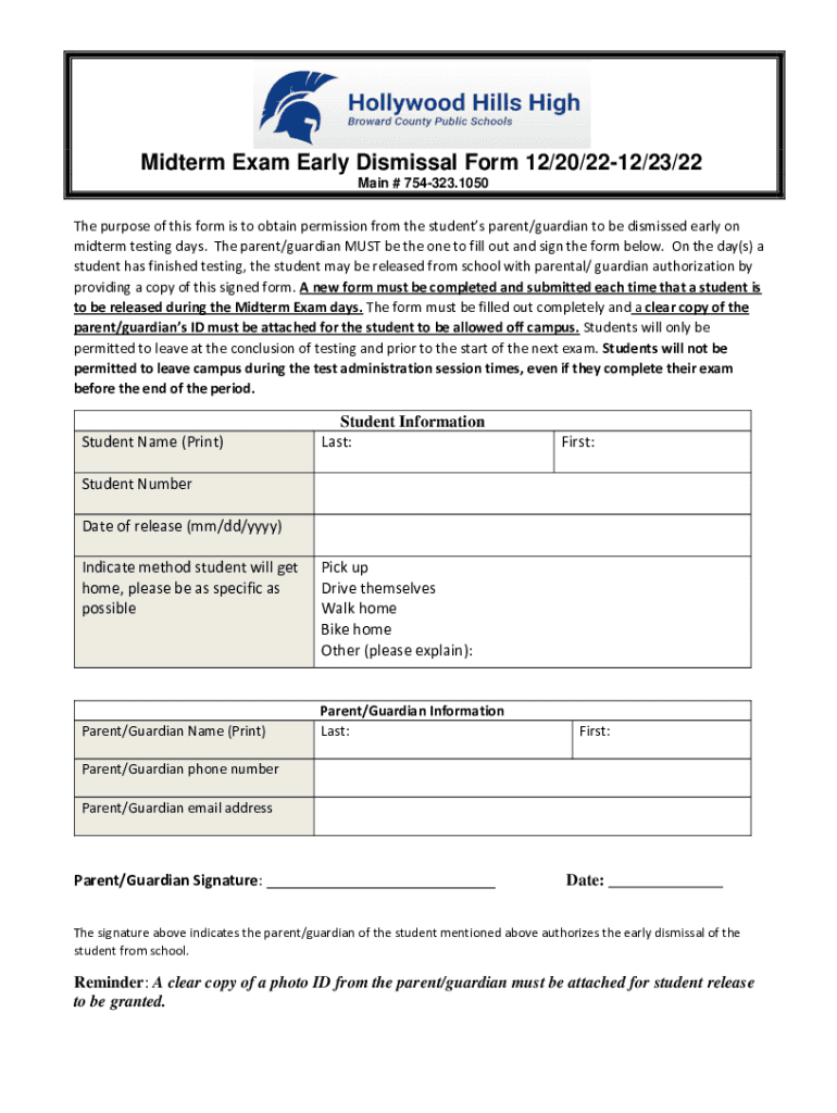 Fillable Online Midterm Exam Early Dismissal Form 12/20/22-12/23/22 Fax ...