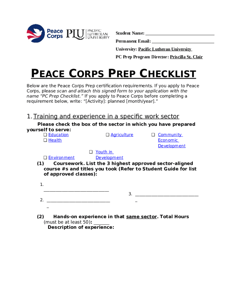 Peace Corps Prep Checklist Doc Template | pdfFiller
