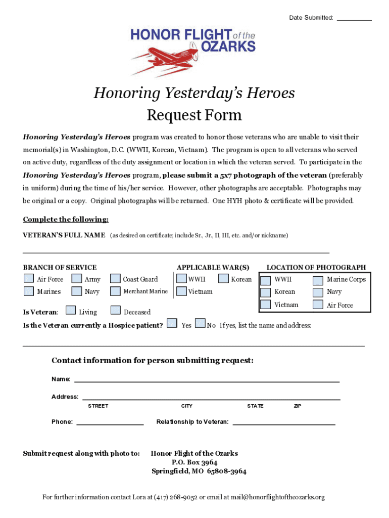 Fillable Online Honoring Yesterday's Heroes Request Form Fax Email ...
