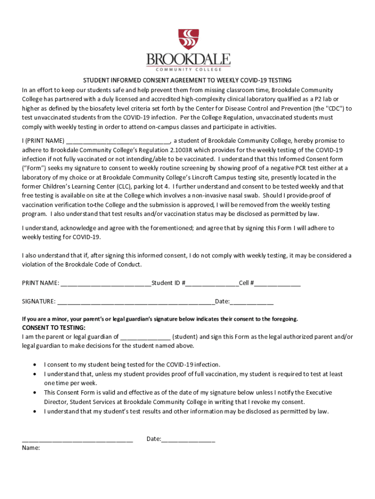Fillable Online student informed consent agreement to weekly covid-19 ...