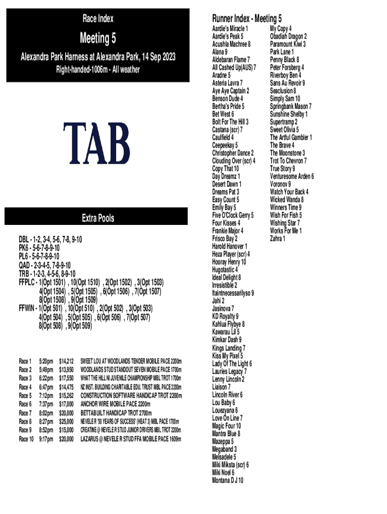 Fillable Online Winter Evenings Harness Racing at Alexandra Park Fax ...