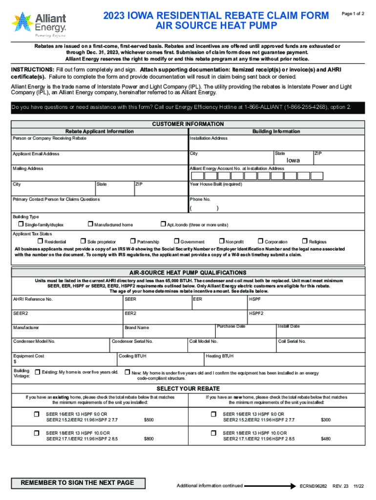 Fillable Online 2023 IOWA RESIDENTIAL REBATE CLAIM FORM AIR ... Fax ...