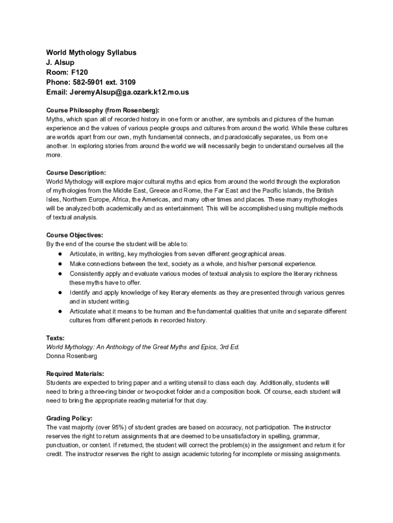 Fillable Online World Mythology Syllabus J. Alsup Room: F120 Phone Fax ...