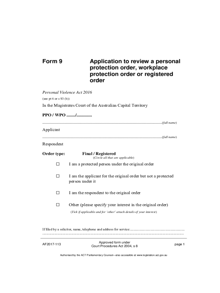 Fillable Online Form 9 Application to review a personal protection ...