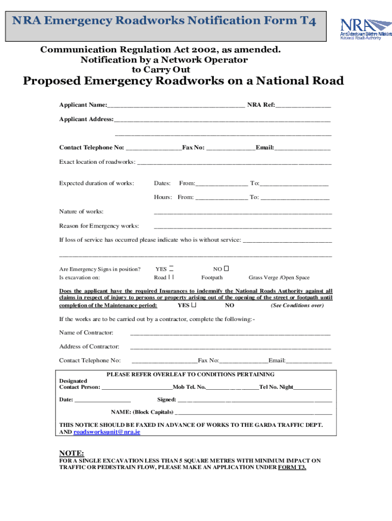 Fillable Online NRA Roadworks Application Form T3 Fax Email Print ...