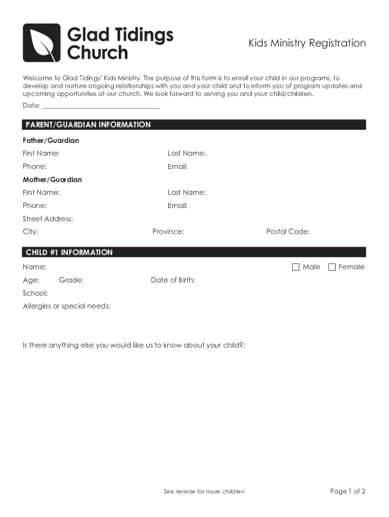 Fillable Online Children's Ministry Registration Form Template Fax ...