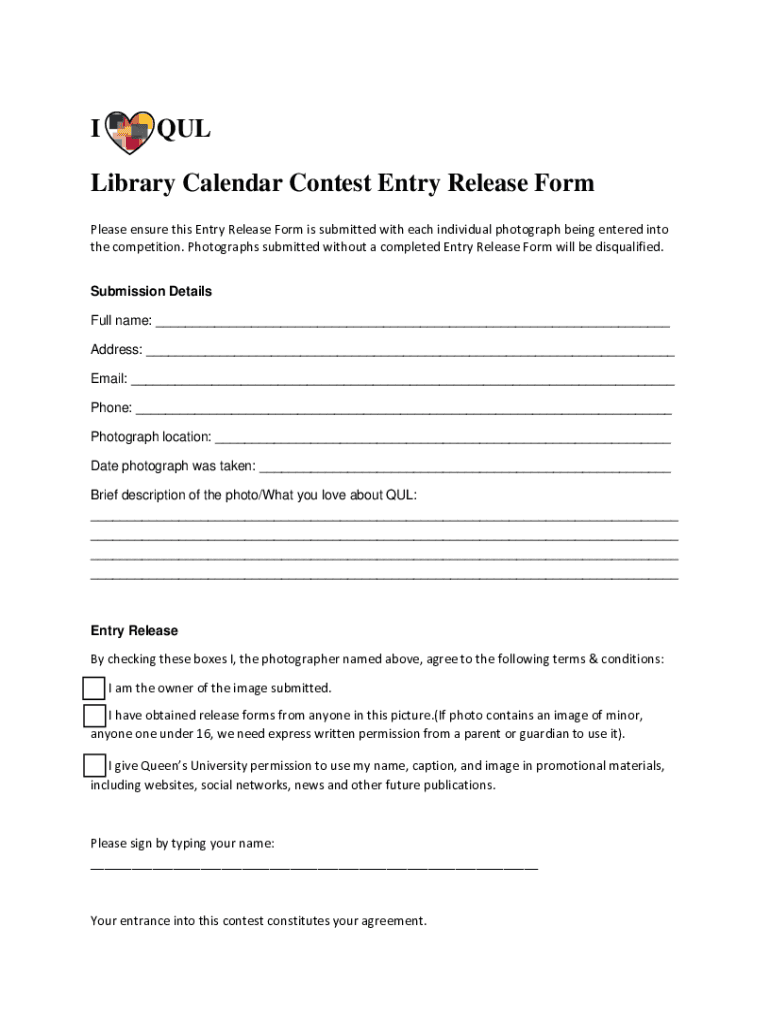 Fillable Online library queensu I QUL Library Calendar Contest Entry ...