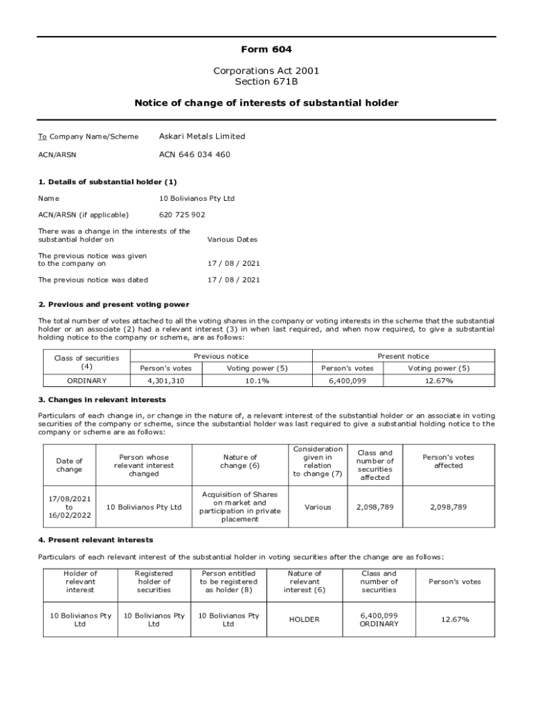 Fillable Online Form 604 Corporations Act 2001 Section 671B Notice ...
