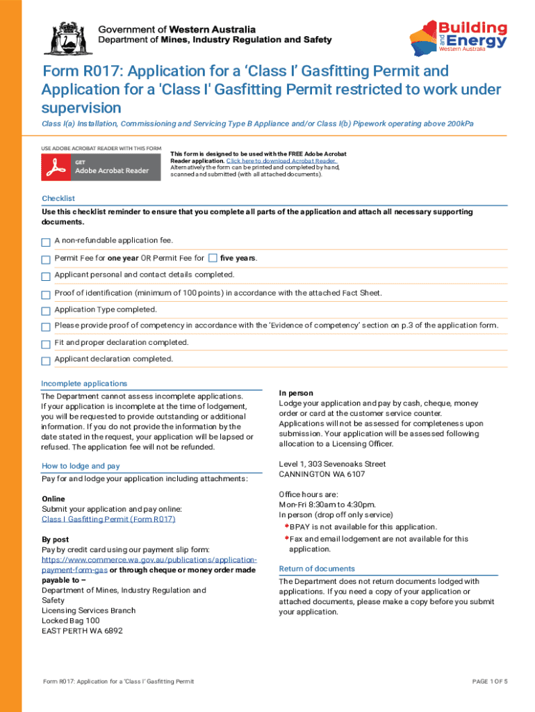 Fillable Online Form R017: Application for a 'Class I' Gasfitting ...