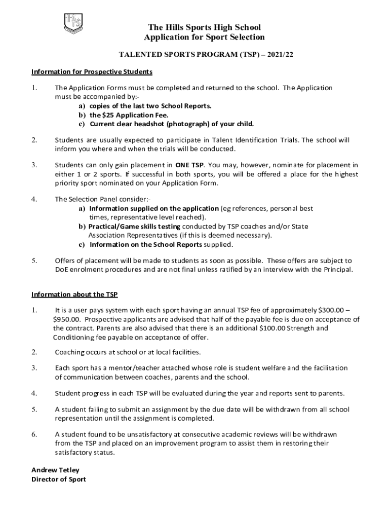 Fillable Online Our Talented Sport Program... - The Hills Sports High ...