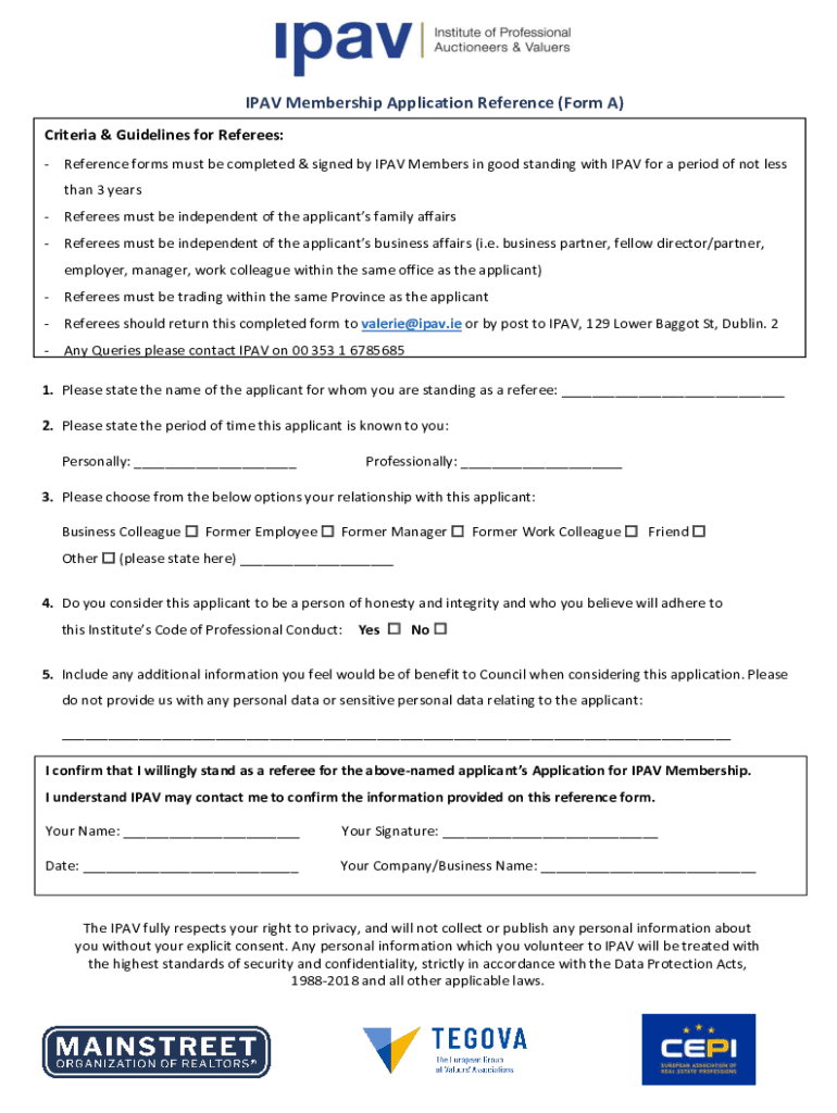 Fillable Online IPAV Membership Application Reference (Form A) Fax ...