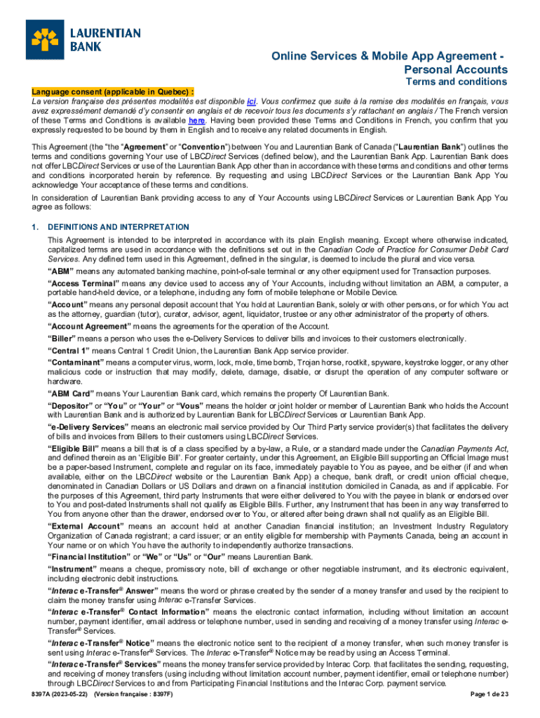 Fillable Online Online Services & Mobile App Agreement - Personal ...