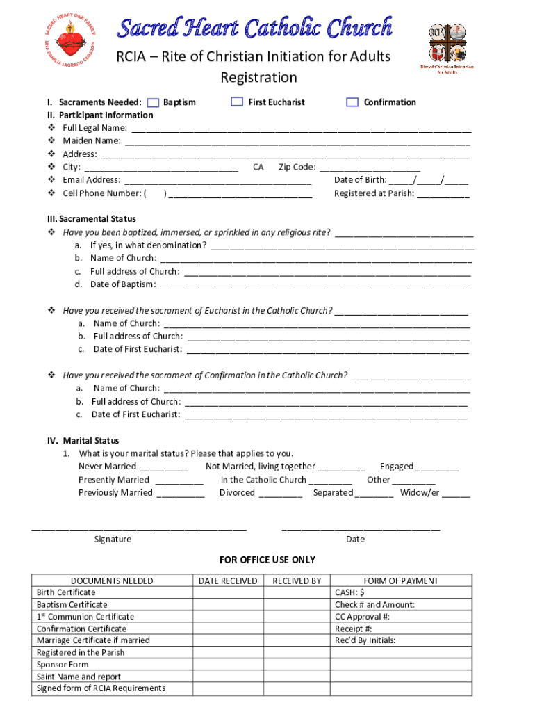 Fillable Online Rite of Christian Initiation for Adults (RCIA) - Sacred ...