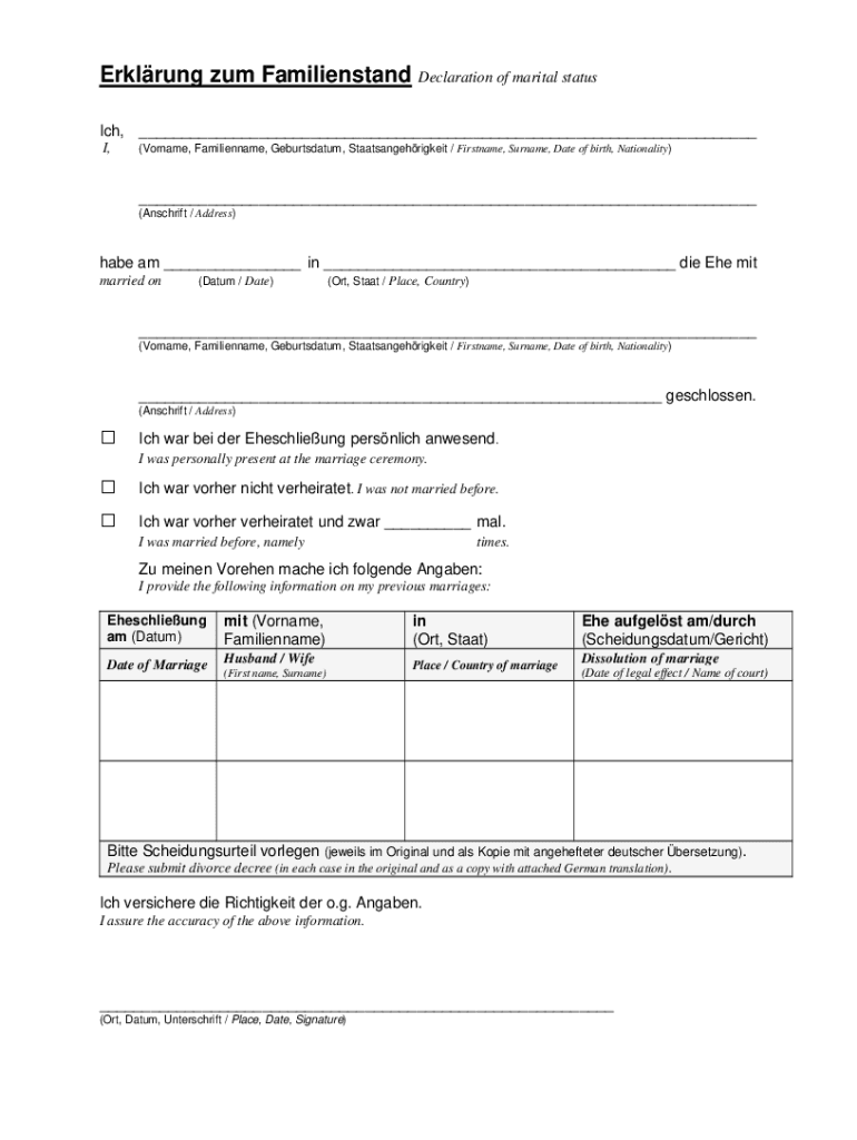 Fillable Online Erklrung zum Familienstand Declaration of marital ...