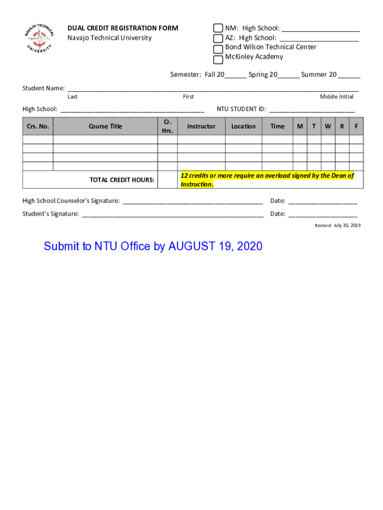 Fillable Online NTU Offering Dual Credit Courses in Kirtland, NM at the ... Fax Email Print ...