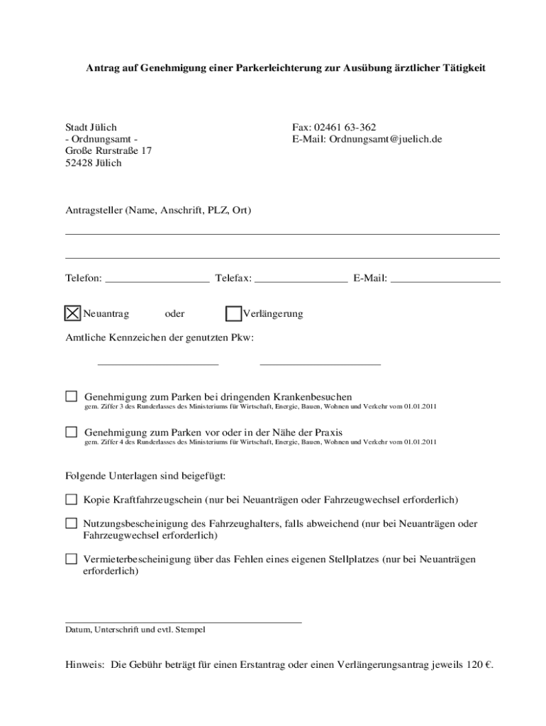 Ausfüllbar Online Antrag auf Genehmigung einer Parkerleichterung zur ... Fax Email Drucken ...