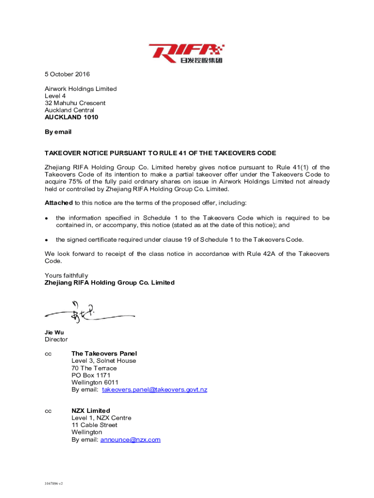 Fillable Online Takeover Notice Pursuant to Rule 41 of the Takeovers ...