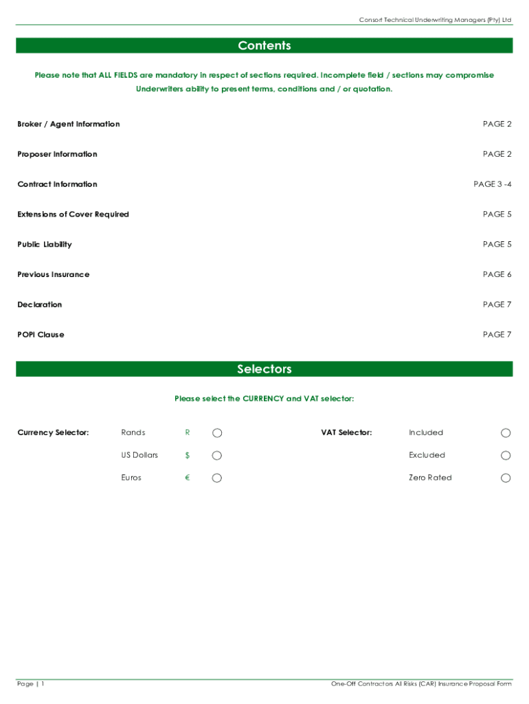 Fillable Online Contractors All Risk (CAR) Insurance Proposal Form Fax ...