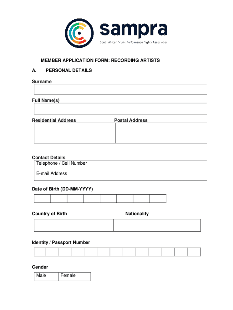 Fillable Online member application form: recording artists a. personal ...
